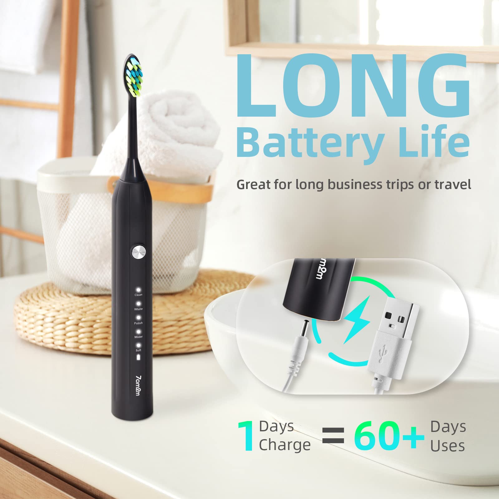 7AM2M Sonic Electric Toothbrush 2 Pack Set for Kids and Adults, 12 Brush Heads,5 Adjustable Modes, Built-in 2-minute Smart Timer, USB Charge IPX7 Waterproof SonicToothbrush (BLACK&PINK)