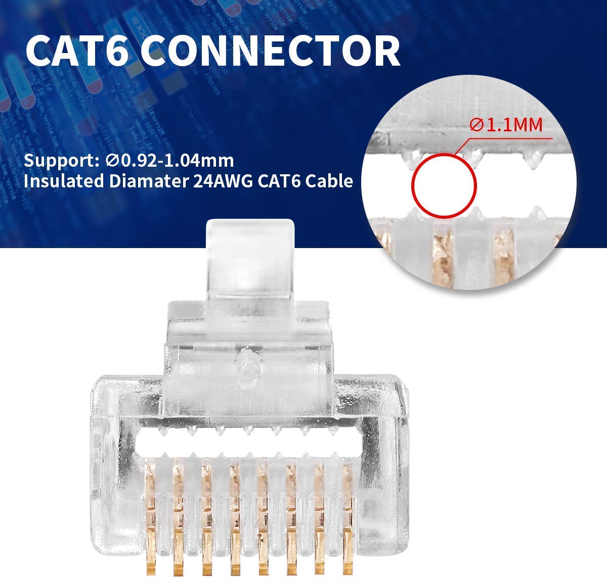 Quilence CAT6 Connectors RJ45 Pass Through Connectors 50pcs 3 Prong Ethernet Gold Plated Network Ends Plug Cable Connectors for 24AWG CAT6 CAT5E Cable