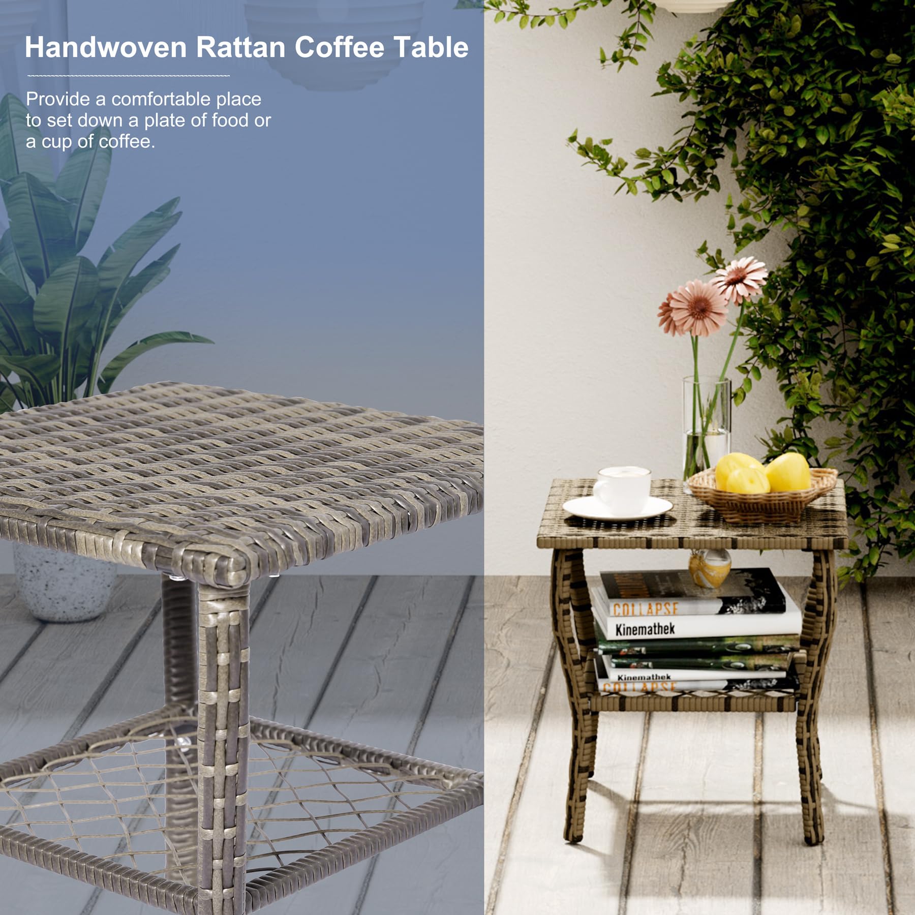 BALDPER 6 Pieces Patio Conversation Set, Outdoor Rocking Chairs, Wicker Bistro Set, Outdoor Furniture Set with Porch Chairs and Coffee Table for Deck Garden Poolside, Beige