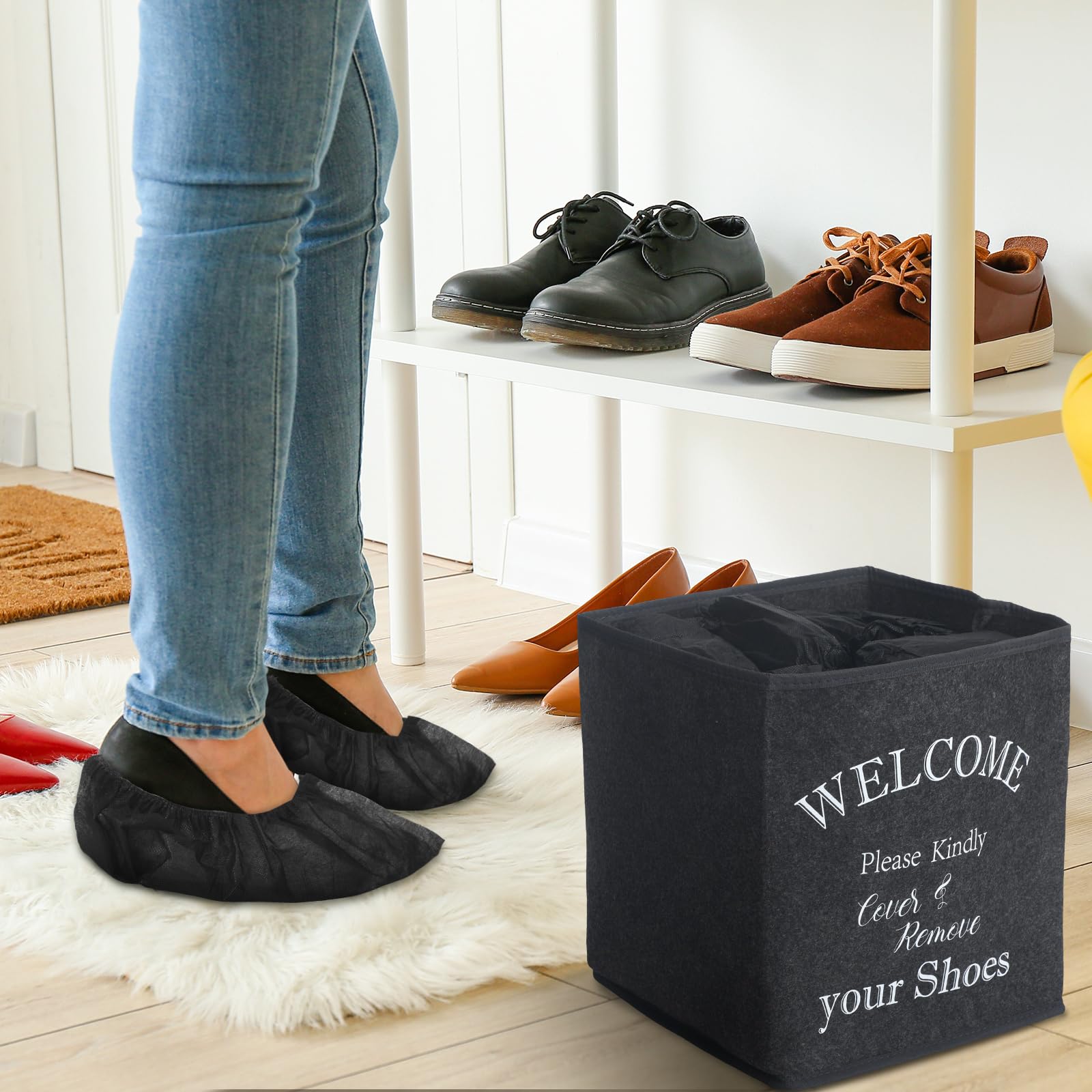 Yiyiring 2 Pcs Shoe Covers Box with 200 Pcs Disposable Non Slip Shoe Covers Booties Foot Covers Dispenser Holder Foldable Storage Box for Indoors Open House Supplies, 10 x 10 x 11 Inch(Black)