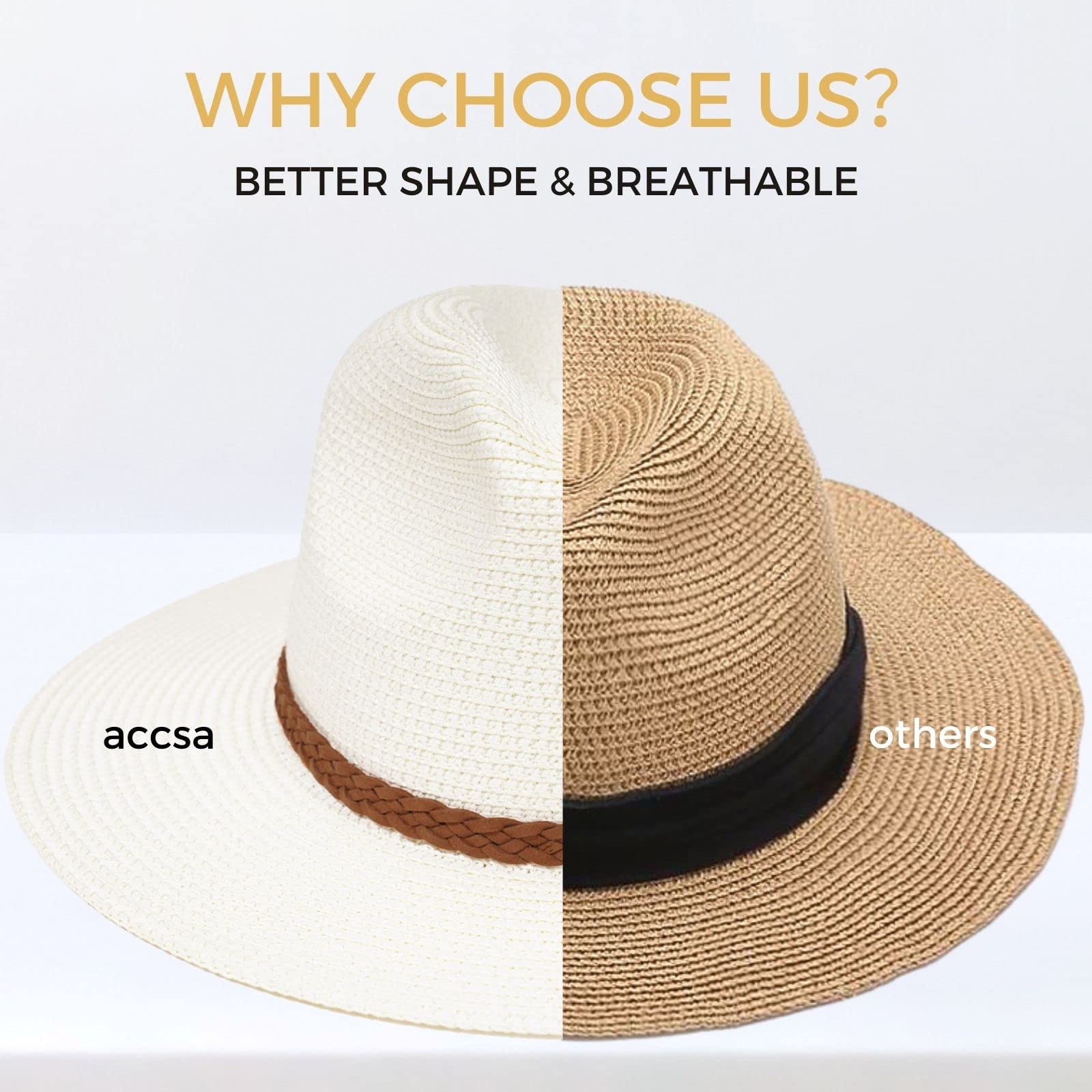 accsa Women Sun Hat Stylish Panama Straw Hat Wide Brim Summer Hat Ladies Beach Hat UPF 50+