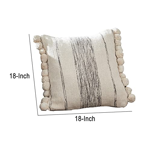 Benjara 18 Inch Decorative Throw Pillow Cover, Textured, Pom Pom Edges, Cream