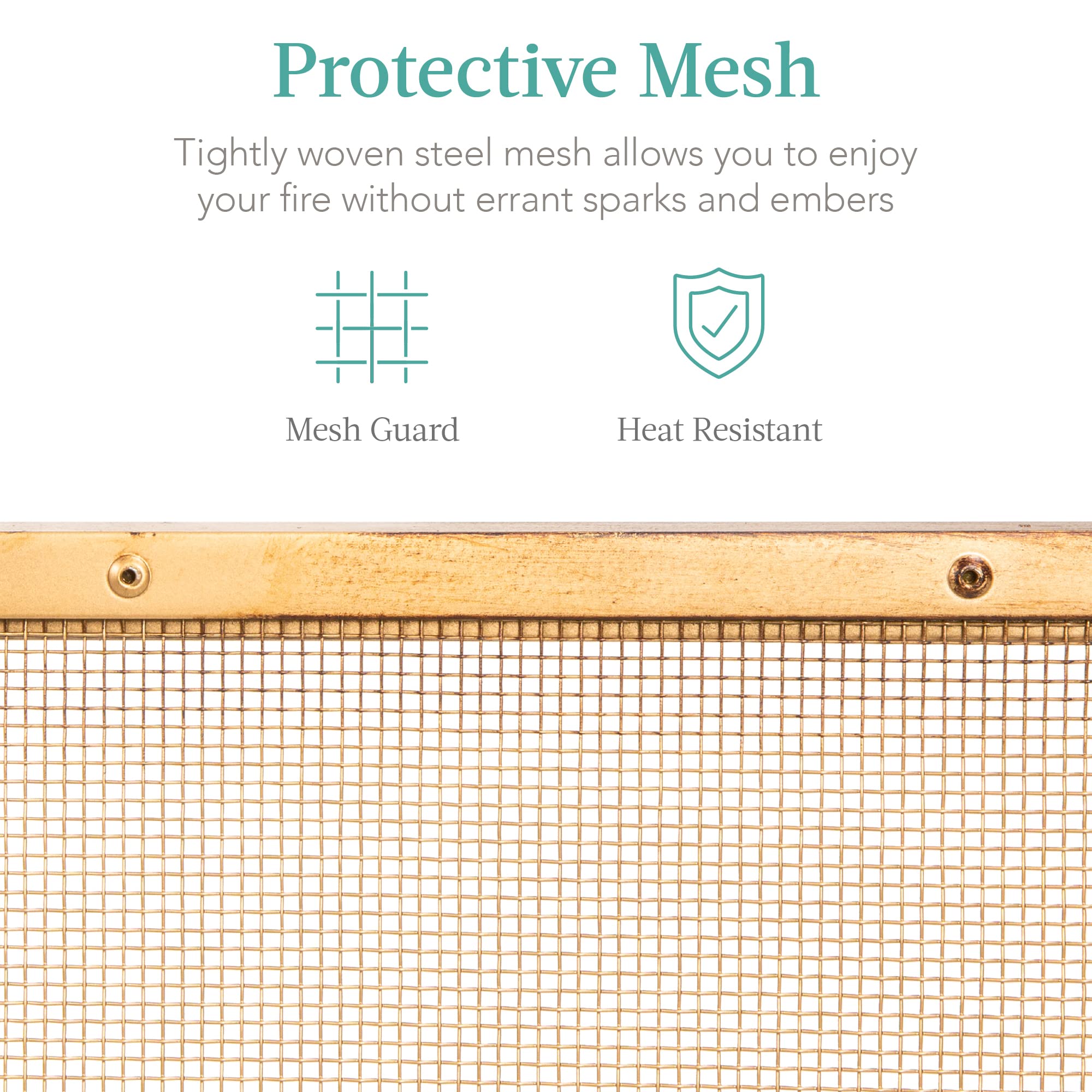 Best Choice Products 38x27in Single Panel Fireplace Screen Handcrafted Steel Mesh Spark Guard for Living Room, Bedroom Décor w/Handles - Antique Gold