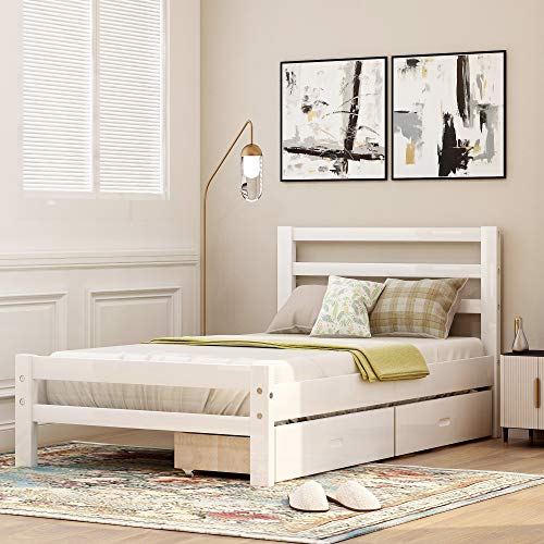 CNANXU Twin Bed Frame with Headboard and Storage Drawers, Wood Platform Bed Frames with Wooden Slat Support, No Box Sping Needed, Mattress Foundation, Easy Assemble - Twin Bed Frames (White)