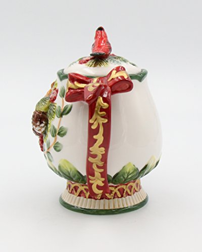 Fine Ceramic Hand Painted Cardinal and Evergreen Pine Cone Design with Red Ribbon Handle Teapot, 8-1/8" L