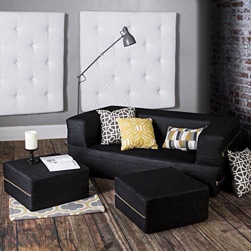 Jaxx Zipline Denim Convertible Sleeper Loveseat & Ottomans, Black
