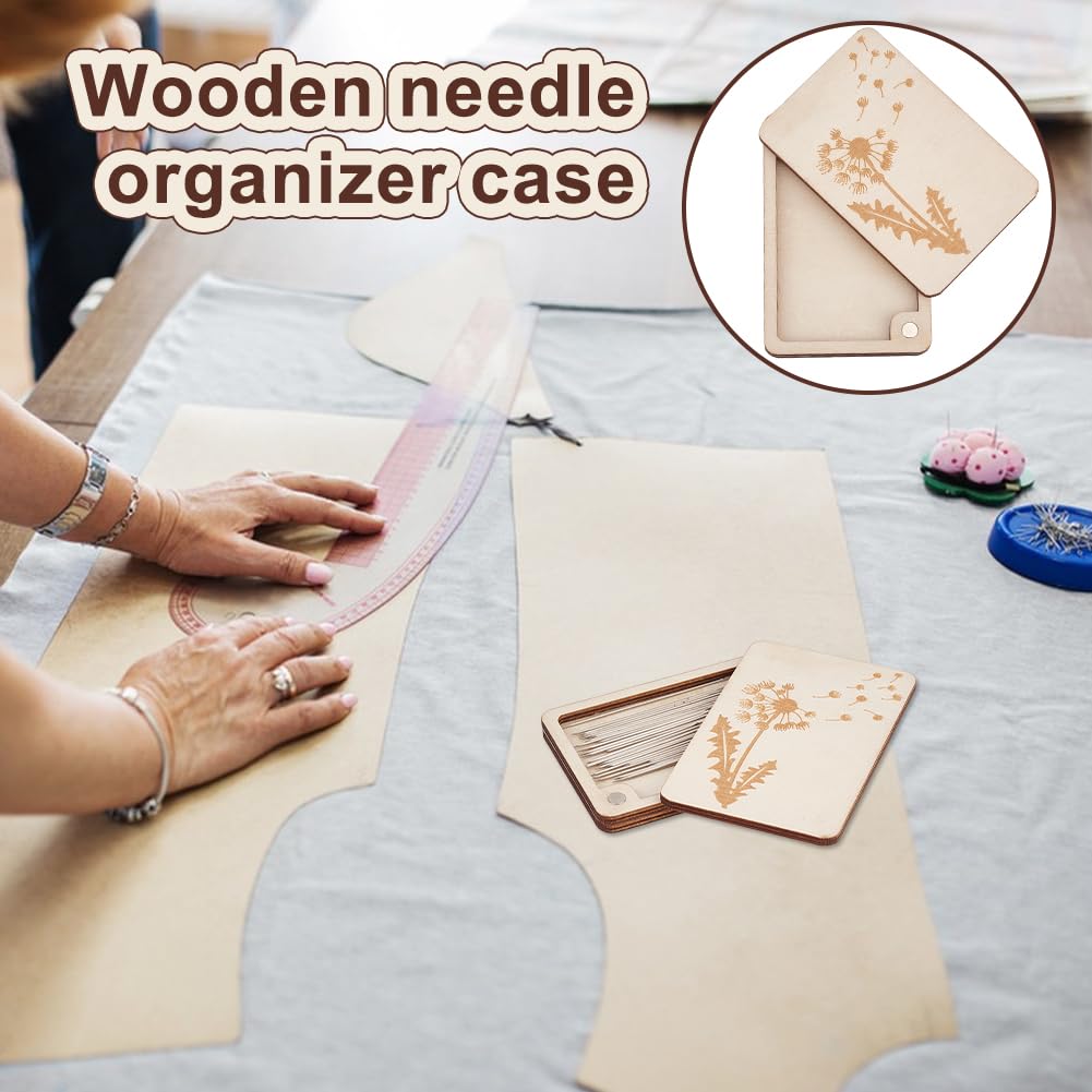 AHANDMAKER 2 pcs Wooden Needle Box Sewing Needle Storage Box Sewing Pins Organizer with Dandelion Print For Quilters, Sewers, Tailors, Antique White,3.15"x1.97"x0.14"