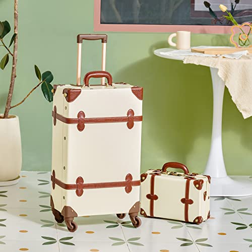 CO-Z Vintage Luggage Sets, 2 Piece Retro Suitcase with Spinner Wheels TSA Lock and Carry On Briefcase, Large 24" Trunk Small 12" Train Case Leather Travel Luggage Set for Women Men, Beige