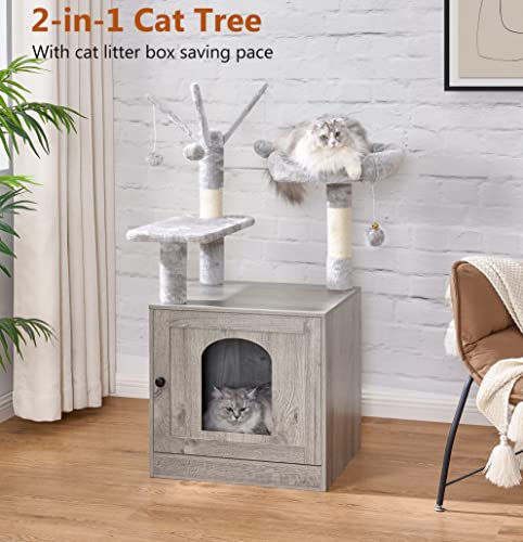 BEWISHOME Cat Litter Box Enclosure All-in-one Cat Tree with Litter Box Furniture Hidden Cat Tower with Plush Perch Scratching Posts Modern MMJ82Q
