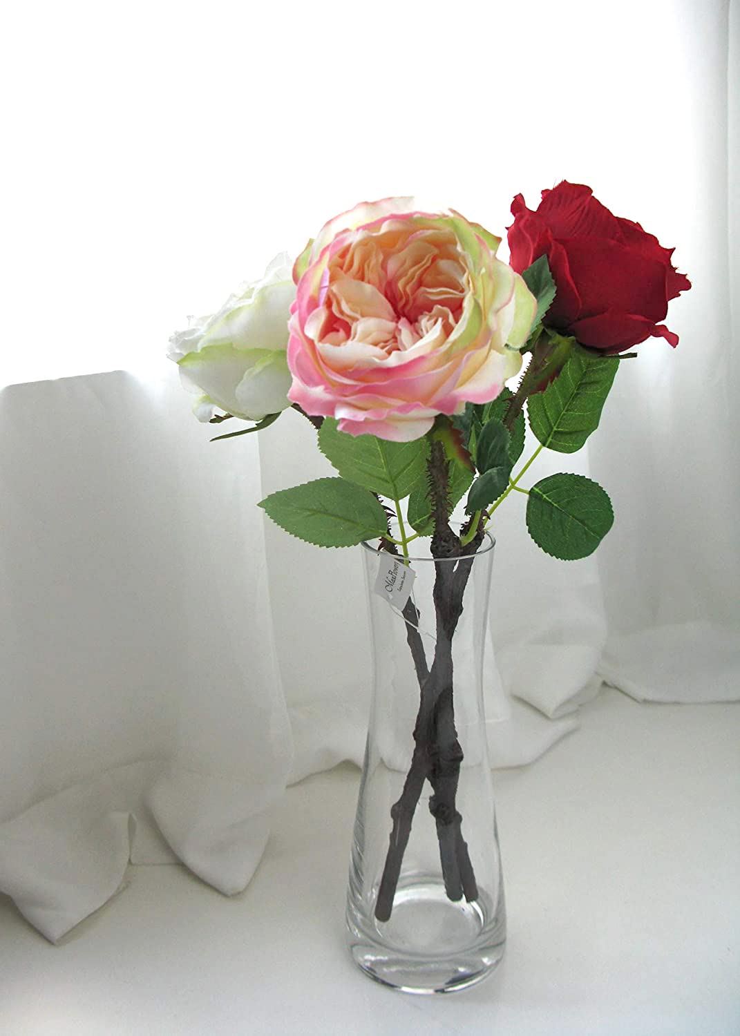 Final Sale-Extra-Realistic & Large Artificial Silk Garden Rose Flowers | Faux Peony Stems | Set of 4 | Red