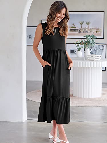ANRABESS Women's Casual Summer Sleeveless Ruffle Sundress Round Neck A-Line Pleated Maxi Dress with Pockets 499heise-XXL Black