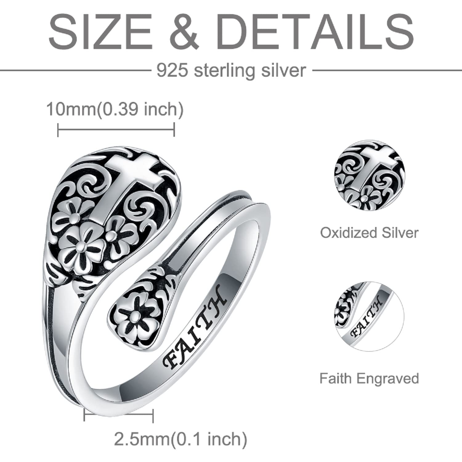 AMBCESSER Sterling Silver Cross Spoon Ring - Oxidized Vintage Flower Faith Rings Adjustable Size Inspirational Jewelry
