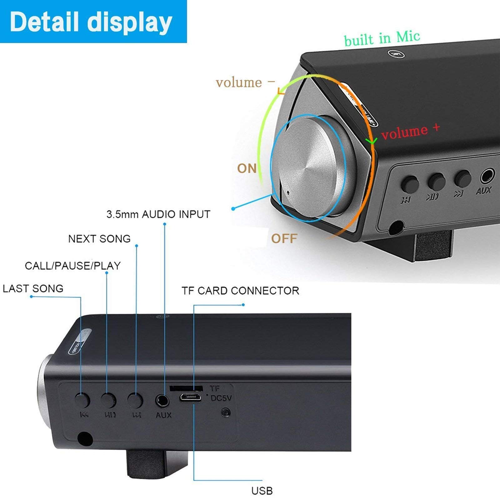 ASIYUN Soundbar 10W Wired and Wireless Speaker Audio Stereo Long-Standby for Smartphones Tablets Projector and Wireless Devices