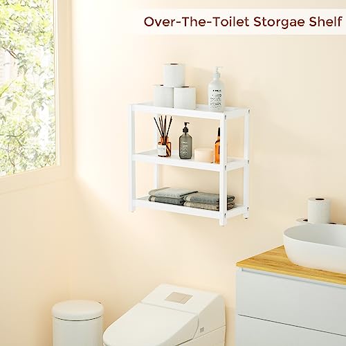 Bathroom Countertop Organizer - 3 Tier Bamboo Storage Shelf for Makeup, Skincare, Spices, Seasonings - Bathroom Vanity Accessories - Wall Mounted Floating Shelves - Over Toilet Shelving, Simply White