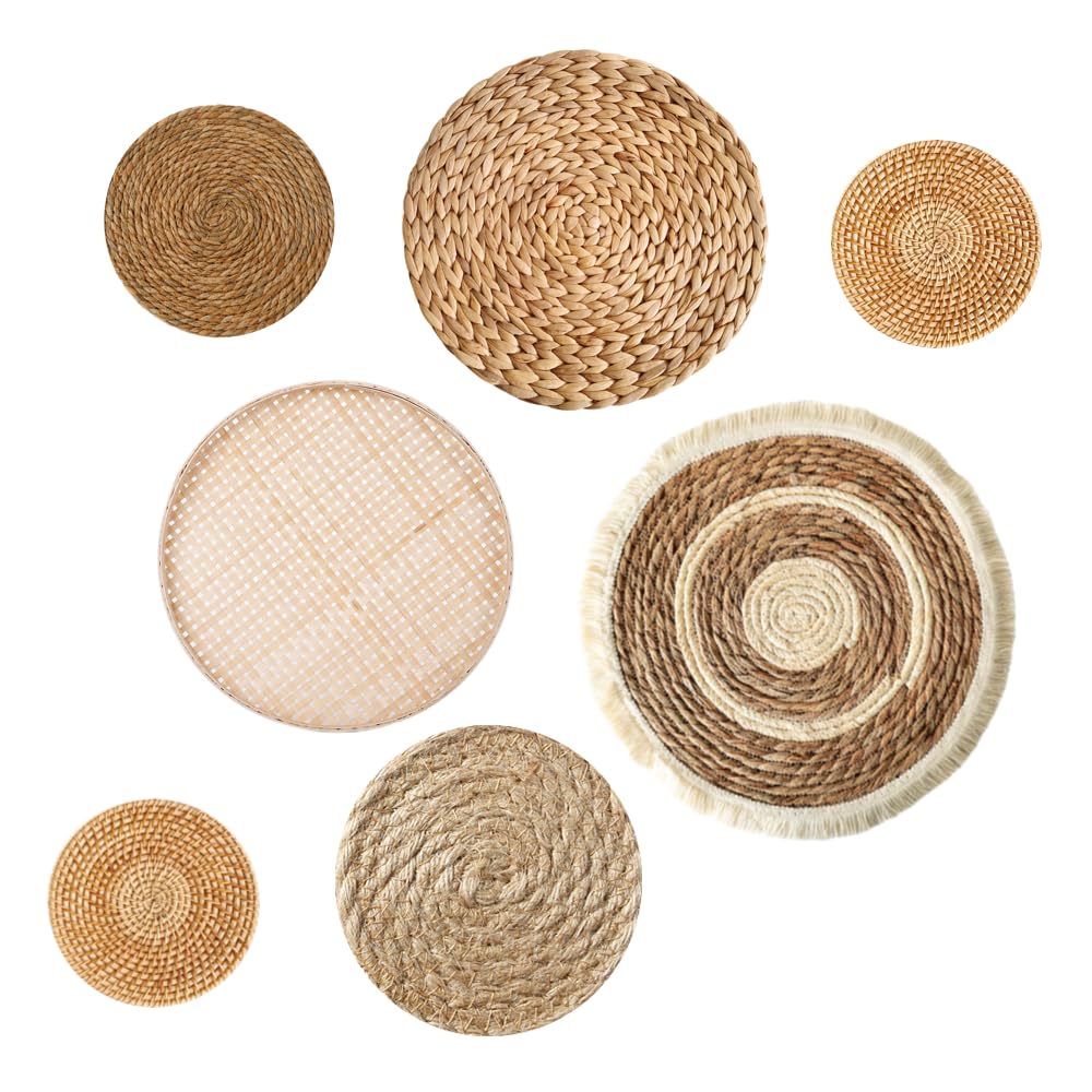 ALYBSOO Boho Wall Basket Decor set of 7, Woven Seagrass Wicker Rattan Flat Baskets Wall Hanging Decor, Handmade African Round Wall Baskets Decor, for Living Rooms, Bedrooms