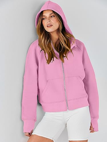 ANRABESS Women's Zip Up Cropped Hoodie Oversized Fall Sweatshirts Y2k Jacket Workout Crop Tops Rib Knitted Casual Long Sleeve Shirts Comfy Clothes A1015fense-M Pink