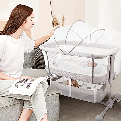HAHASOLE Bedside Sleeper for Baby, Portable Bassinets for Safe Co-Sleeping, Easy Assemble Baby Crib with Storage Basket & Mosquito, Adjustable Bedside Bassinet for Newborn