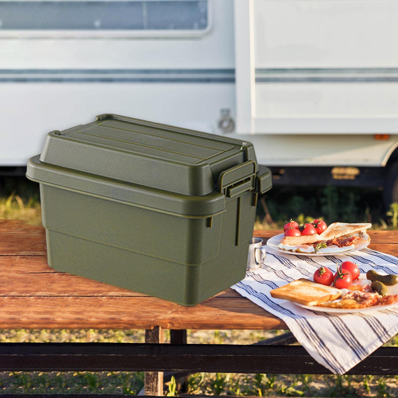 Almencla Stackable Outdoor Storage Box Hiking Waterproof Basket Picnic Camping Car Trunk Organizer for Traveling, Backpacking, Fishing, BBQ, Barbecue, Green, Medium