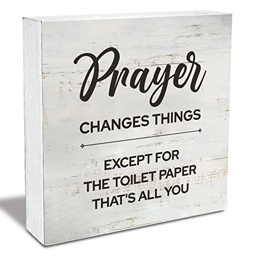 Bathroom Quote Prayer Changes Things Toilet Paper Wood Box Sign Rusitc Farmhouse Bathroom Restroom Desk Shelf Decor (5 X 5 Inch)