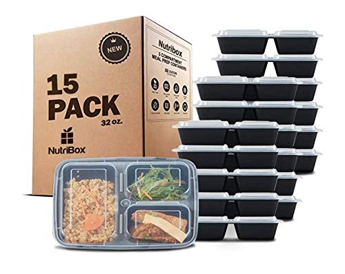 Nutribox [15 pack] 32oz 3 Compartment Meal Prep Containers with Lids - Bento Box - Durable Plastic Reusable Food Storage Containers - Stackable, Reusable, Microwaveable & Dishwasher Safe
