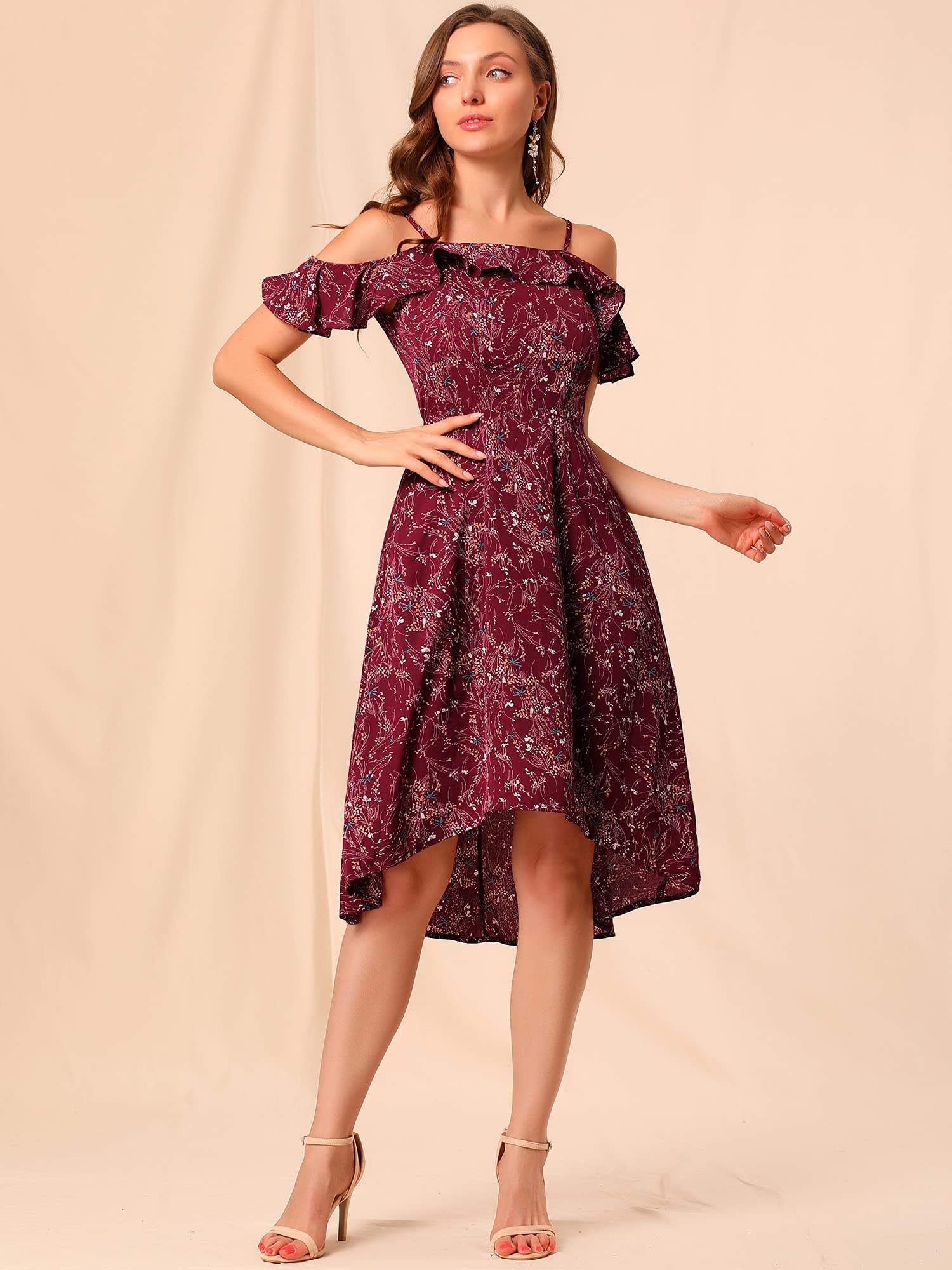 Allegra K Women's Spaghetti Strap Ruffled Sleeves Asymmetrical High Low Floral A-Line Midi Dress Large Wine Red