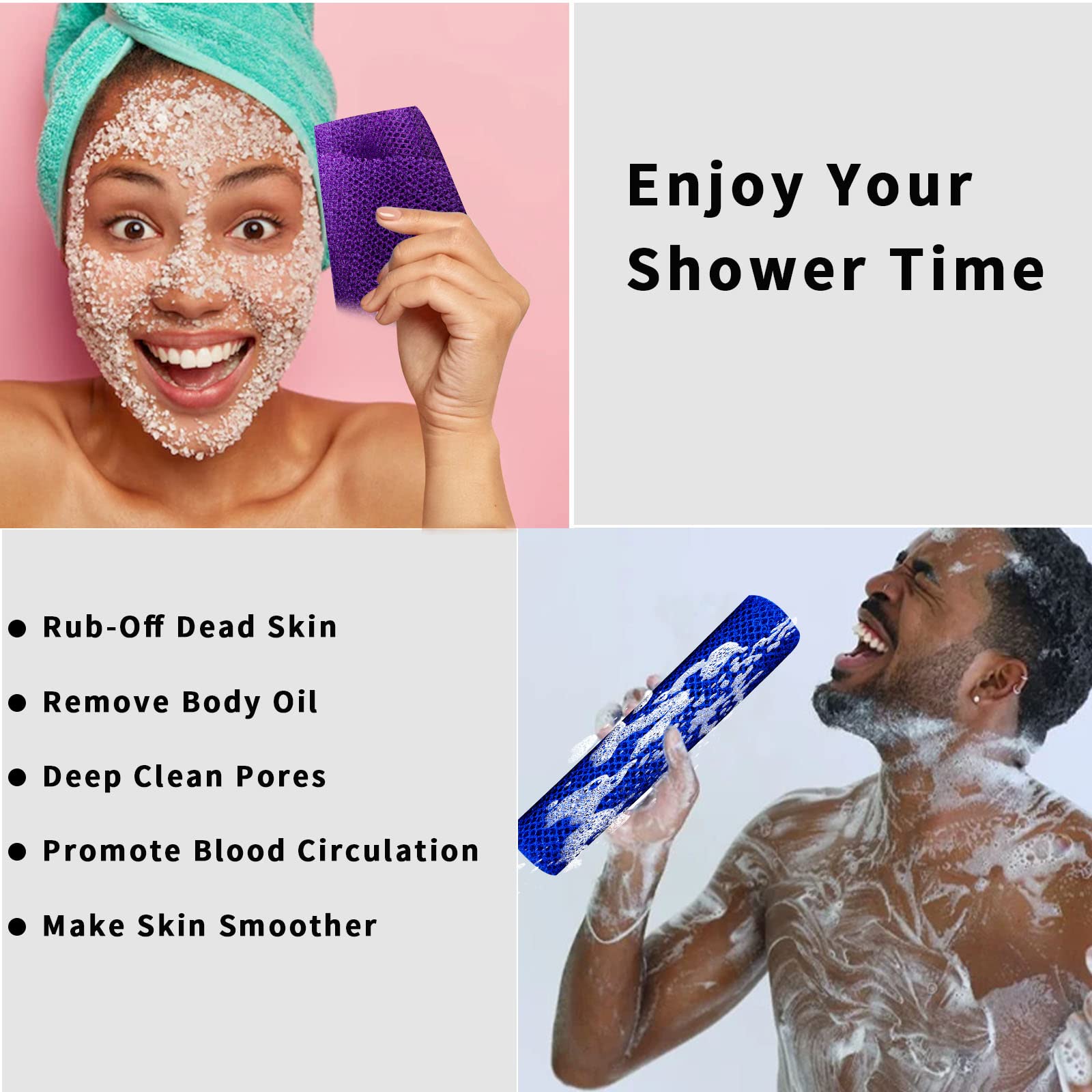 African Net Sponge 4PCS African Exfoliating Net Long Nylon African Sponge Exfoliating Net Bath Net for Daily Exfoliating Body Scrubber Back Scrubber Shower Skin Smoother (Blue,Purple,Yellow,Pink)