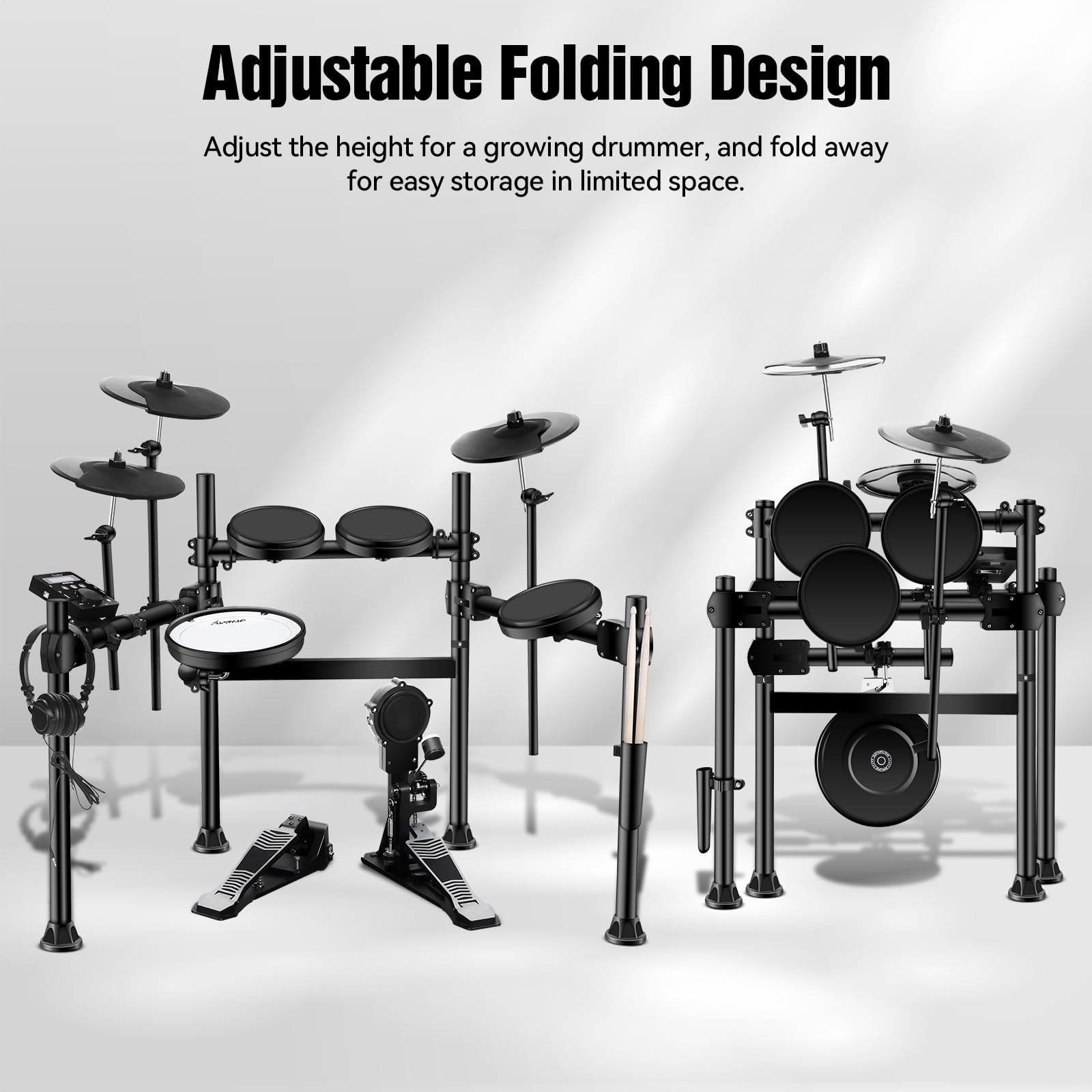 Asmuse Electronic Drum Set Kit for Adults Beginners with 8 inch Mesh Snare Electric Drum Set with Rim Shot and Cymbal Choke Function,USB MIDI Supported,2 Pairs of Drum Sticks &Headphone Set Included
