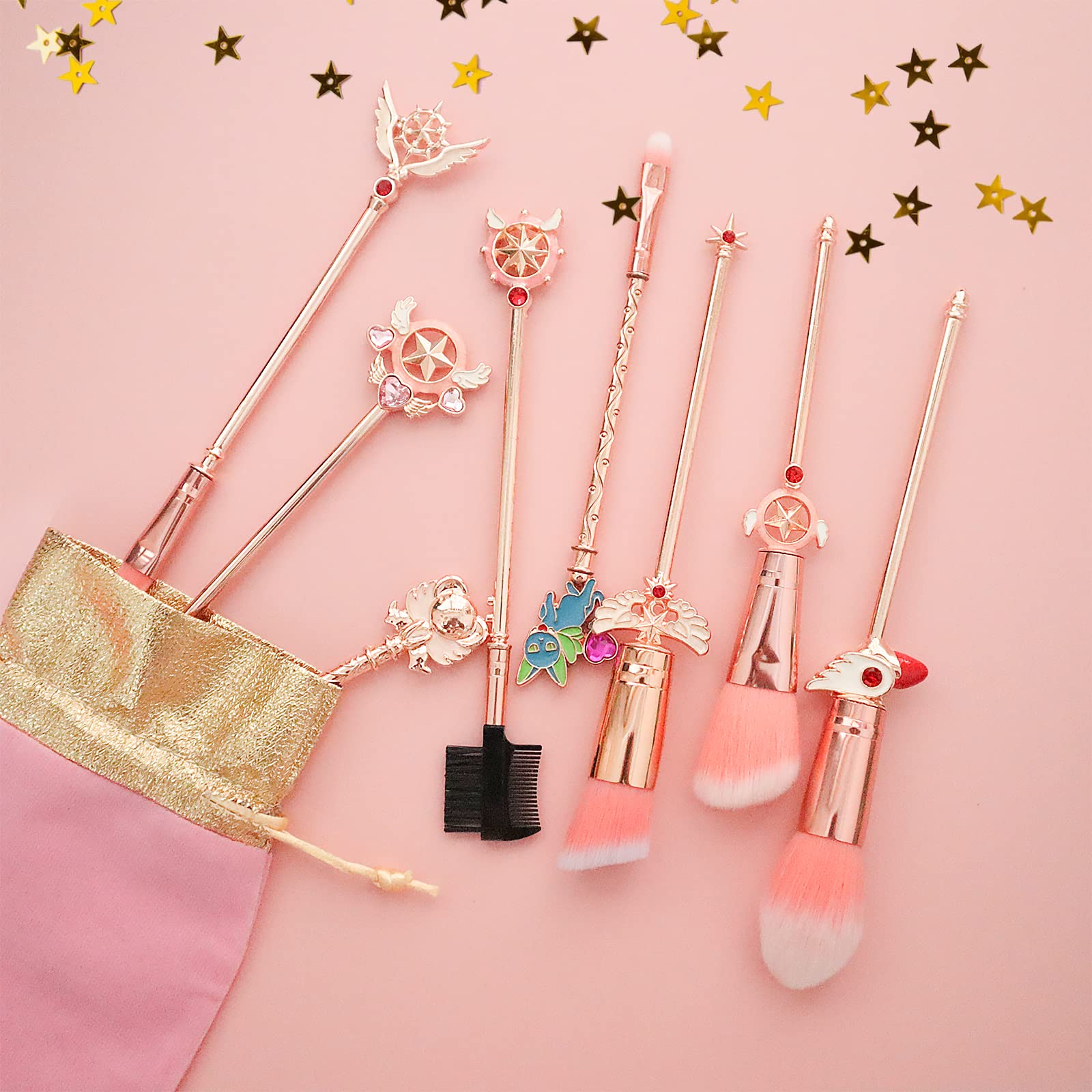 8Pcs Cardcapto Sakor Makeup Brushes Set, Rose Gold Anime Series Cosmetic Makeup Tool Kit Set with Pink Drawstring Bag