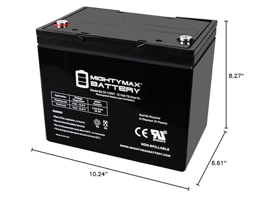 Mighty Max Battery ML75-12INT -12 Volt 75 AH, Internal Thread (INT) Terminal, Rechargeable SLA AGM Battery