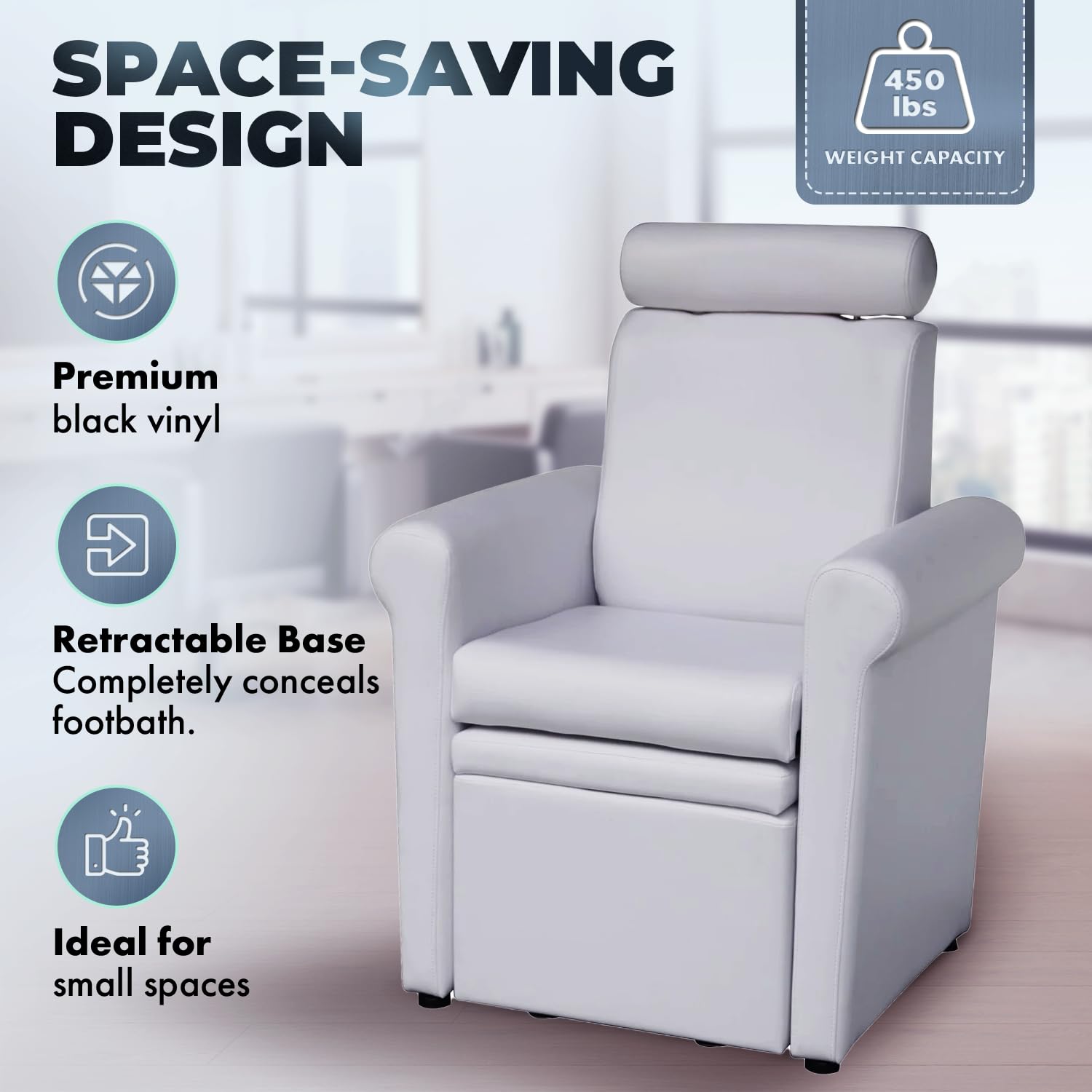 Buy-Rite Salon & Spa Equipment Mona Lisa Plumb Free Pedicure Chair, No Plumbing Pedicure Station for Professional Spas and Salons, Reclining Backrest & Pull Out Leg Rest (White)