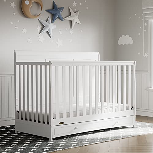 Graco Asheville 4-in-1 Convertible Crib with Drawer (White) β GREENGUARD Gold Certified, Crib with Drawer Combo, Full-Size Nursery Storage Drawer, Converts to Toddler Bed, Daybed and Full-Size Bed