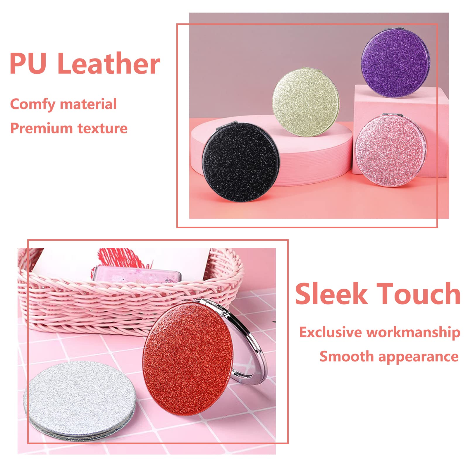 Acedada Pocket Mirror, Compact Mirror, Small Mirror for Purse with Glitter, Portable Travel Makeup Mini Mirror, Folding Handheld 2-Sided 1x/2x Magnifying Compact Mirror for Women Girls - Purple