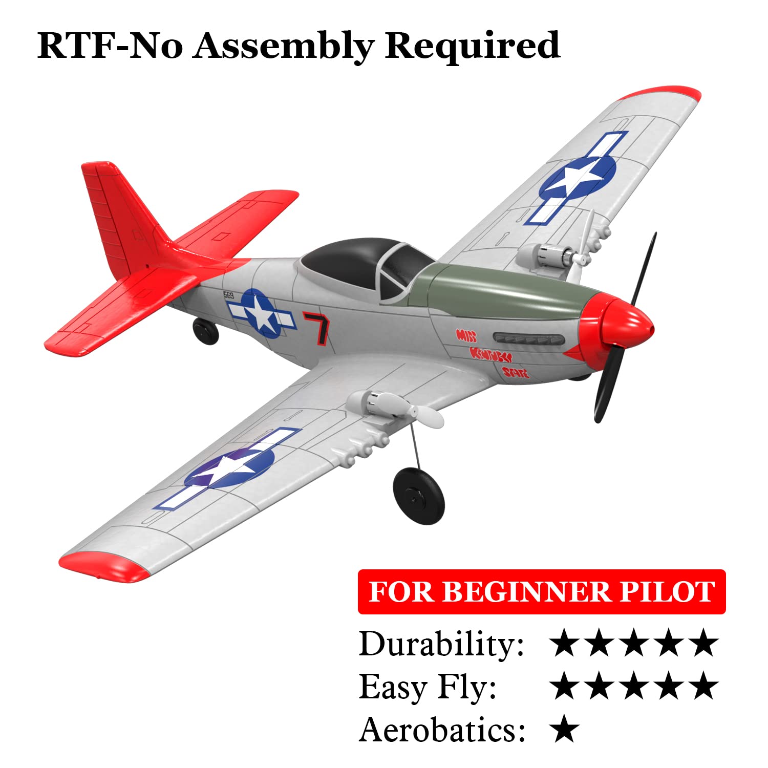 VOLANTEXRC RC Plane Ready to Fly for Beginners, 2.4Ghz 2CH RC Airplane P51 Mustang Toy Gift for Kids & Adults, with Gyro Stabilization System&2 Batteries (762-3)