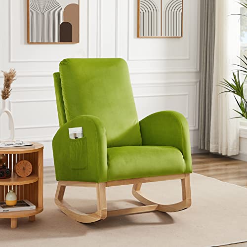 Setawix Rocking Chair for Nursery, Midcentury Modern Accent Rocker Armchair with Side Pocket, Upholstered High Back Wooden Rocking Chair for Living Room Baby Room Bedroom (Green - Velvet)