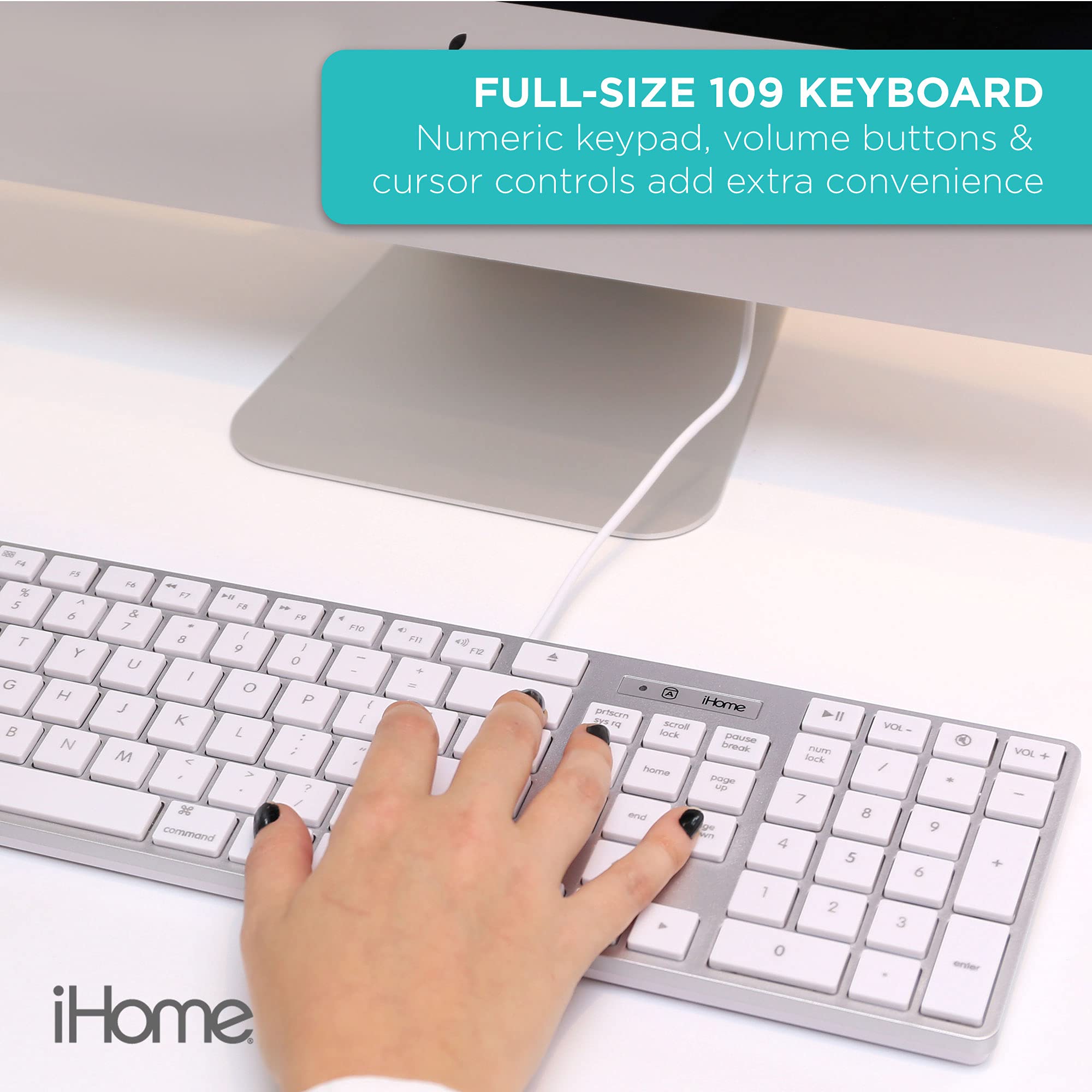 iHome Full Size Wired Keyboard - Compatible with Apple iOS or Windows - Sleek Mac and iMac Style Design - Desktop PC or Laptop