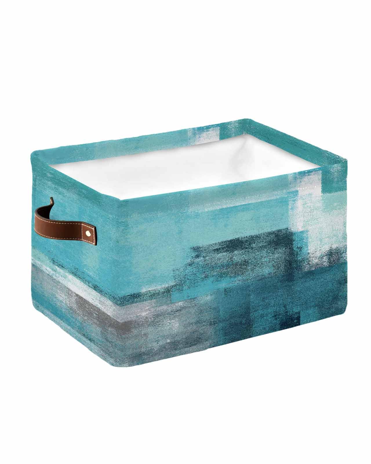 Abstract Storage Basket Turquoise Painting Large Foldable Storage Bins with Handles Modern Art Teal Gray Waterproof Fabric Laundry Baskets for Organizing Shelves Closet Toy Gifts Bedroom Home Decor