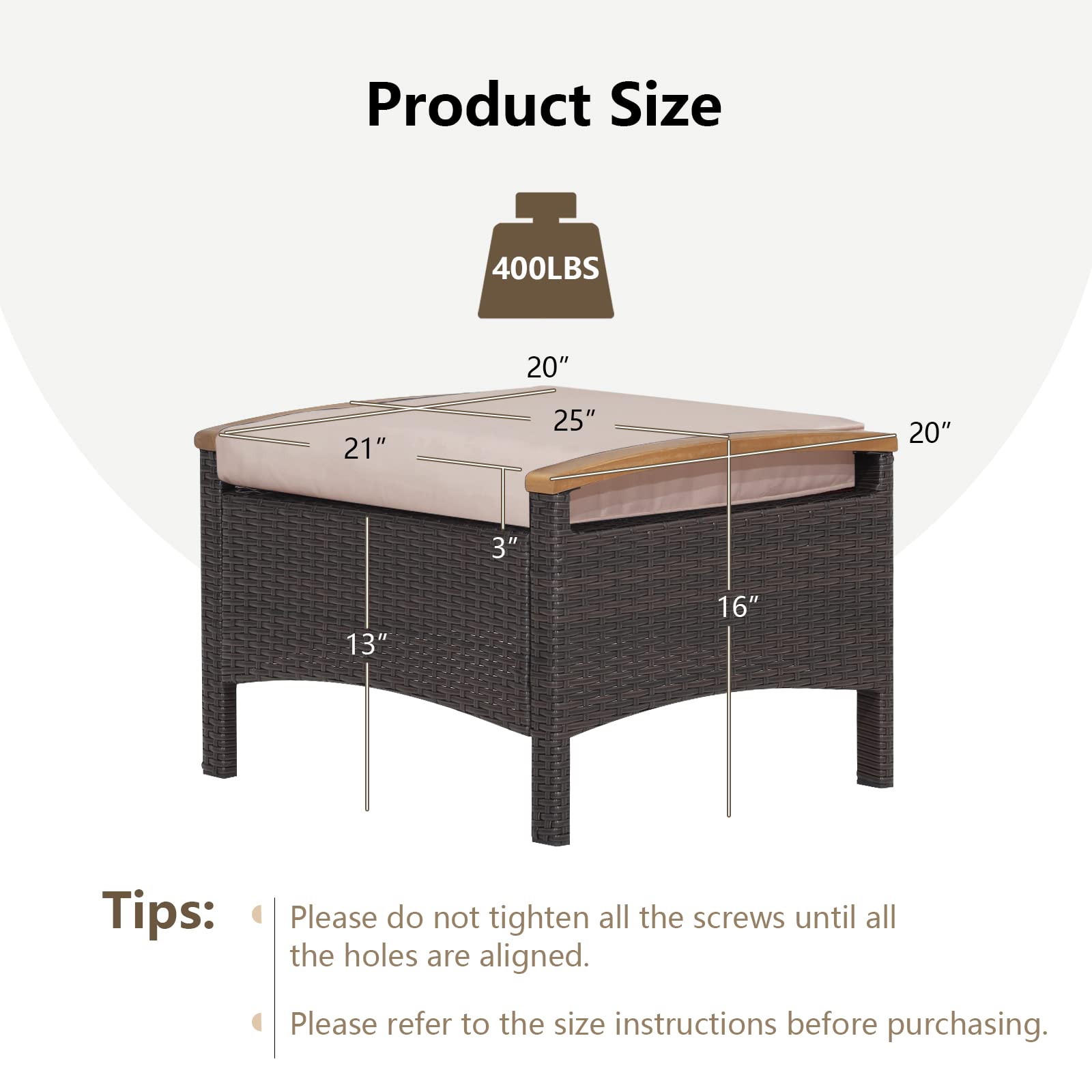RELAX4LIFE Outdoor Wicker Ottomans for Patio - 2 Pieces PE Rattan Ottoman, Footrest Seat with Zippered Cushions, Acacia Wood Handles, 3-in-1 Footstool, Side Table for Poolside, Backyard (Brown)