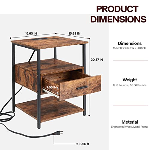 Anrigeail Nightstand Set of 2 with Charging Station, Bedside Tables with Storage Shelf & Drawer, End Table with 2 USB Ports and 2 Outlets, Night Stand for Bedroom, Living Room, Brown