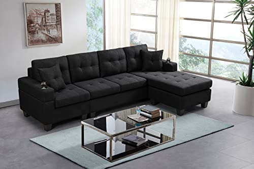 BIADNBZ Modern Sectional Sofa Set with Reversible Chaise Lounge,2 Pillows and Cup Holders,4-Seat L-Shaped Upholstered Couch for Living Room Office Apartment, Black