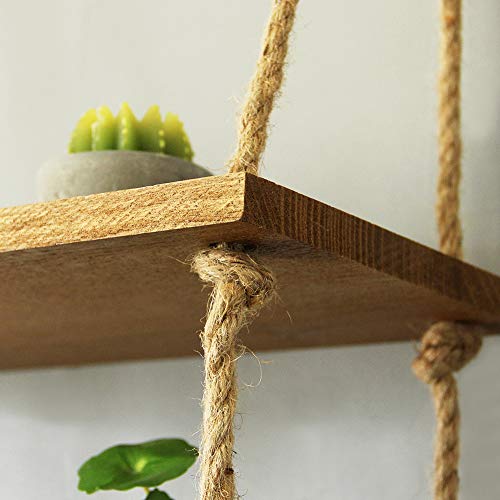 SAND MINE 3 Tier Wood Hanging Shelf, Floating Wall Swing Storage Shelves, Jute Rope Organizer Rack, Wall Shelf Plant Shelf Rope Shelf Storage Shelf Swing Shelf Floating Shelves Handmade Shelves