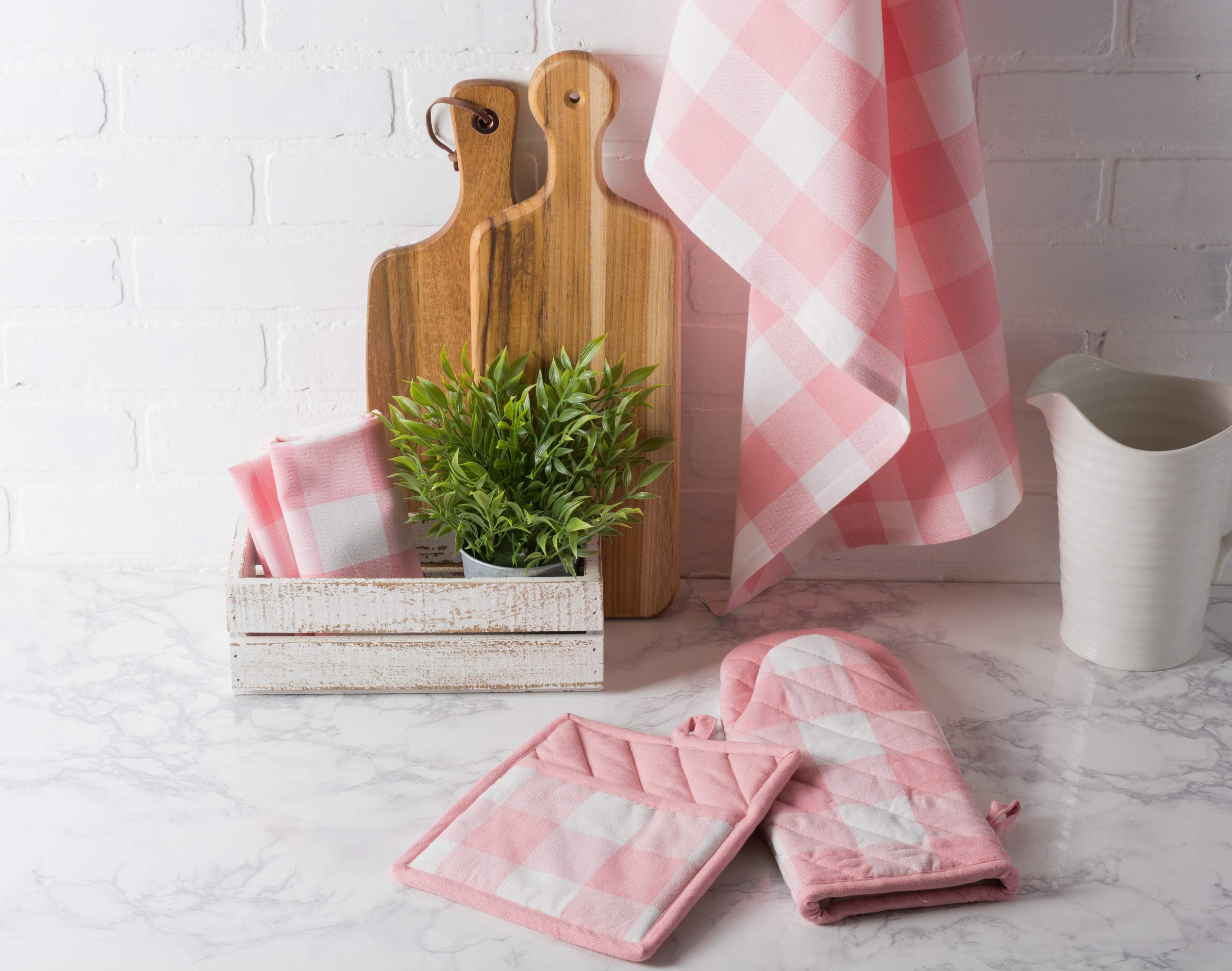 DII Buffalo Check Kitchen Collection, Classic Farmhouse Dishtowel Set, 20x30, Pink &White, 3 Piece