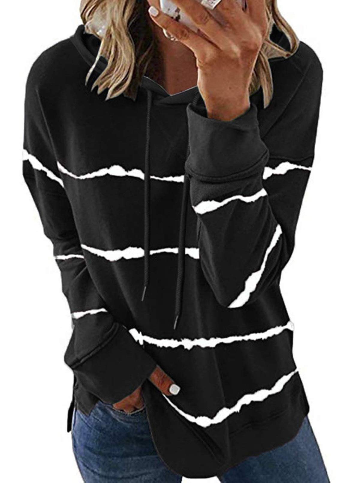 Acelitt Womens Juniors Long Sleeve Striped Hoodies Hooded Sweatshirt Side Split Pullover Fall Loose Casual Tops Black Medium
