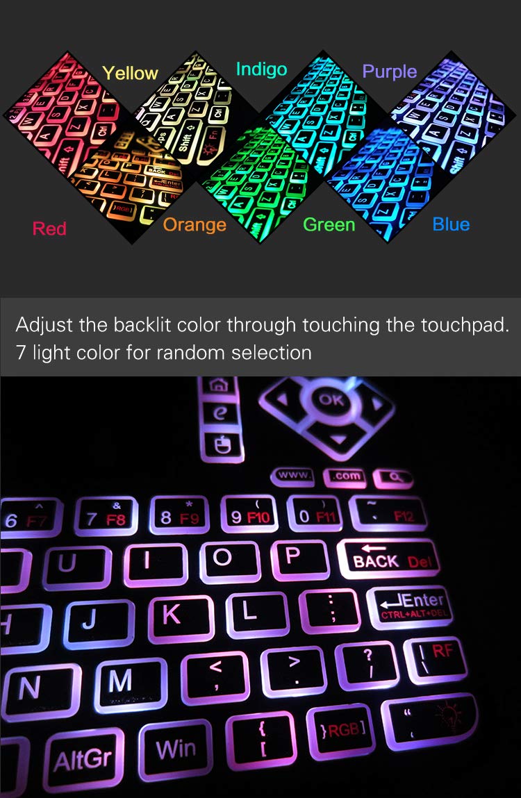 Mini Wireless Keyboard,Q9 Mini Keyboard with Touchpad,Colorful Backlit Small Wireless Keyboard,Mini Rechargeable Handheld Remote Keyboard for PC,Raspberry Pi 4, Android TV Box,KODI,Windows 7 8 10