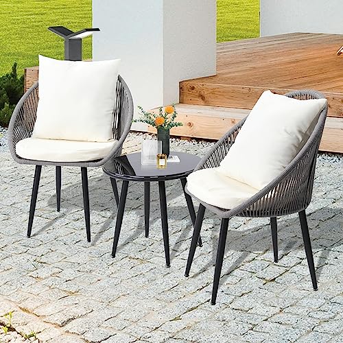 BETTAHOME 3 Piece Bistro Set, Patio Furniture Set with Cushion and Pillow, Outdoor Balcony Woven Chairs and Table, Grey and Black