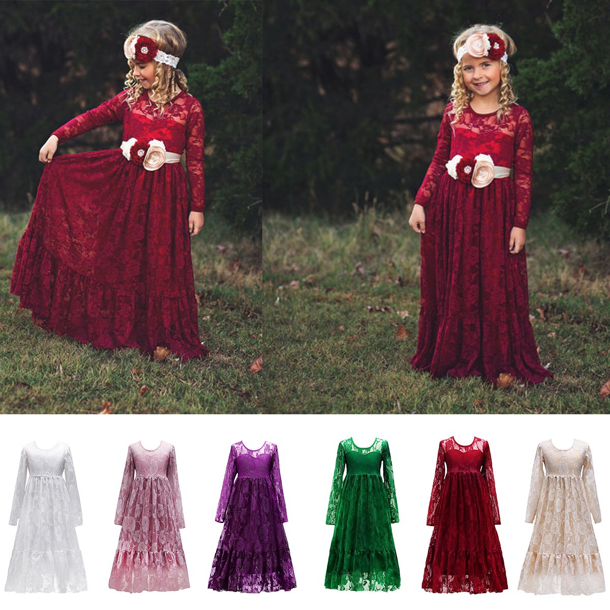 Flower Girls Lace White First Communion Dress Wedding Bridesmaid Party Christening Princess Aline Boho Rustic Dance Gown 12-13