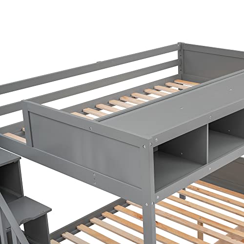 BIADNBZ Stairway Twin Over Full Bunk Bed with Stairs Storage, 2 Drawers and Shelf, Wooden Bunkbed for Kids Teens Adults Bedroom, Gray