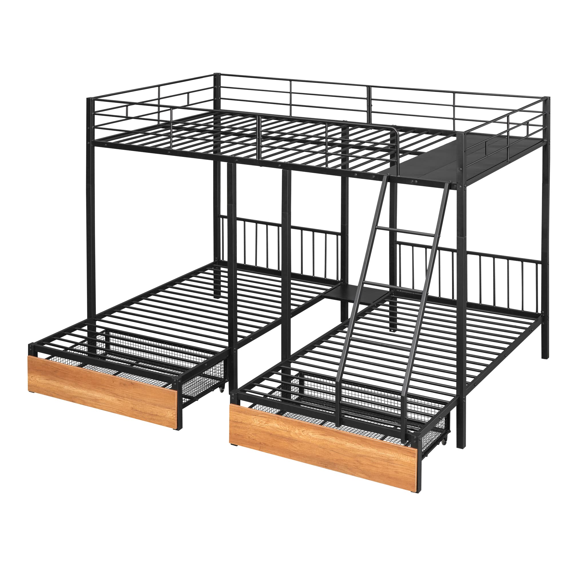 Triple Bunk Bed Metal Full Over Two Twin Beds with Storage Drawers and Shelf Detachable 3 Bed Bunk Bed Frame with Ladder for Kids Boys Girls Teens, Can Bed Divided into Three Separate Beds, Black
