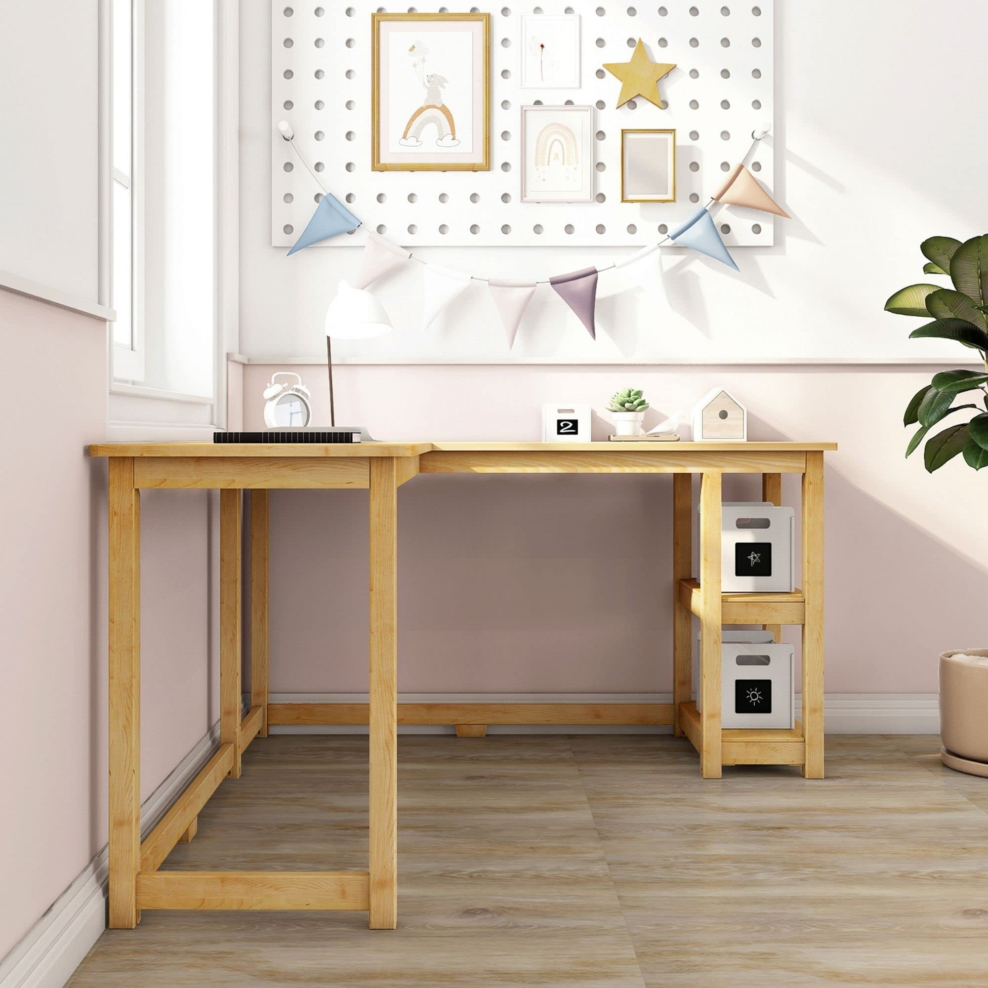 Max & Lily L Shaped Desk, Corner Desk for Home Office, Gaming, Computer with Storage Shelves, 55 x 55 Inches, Natural