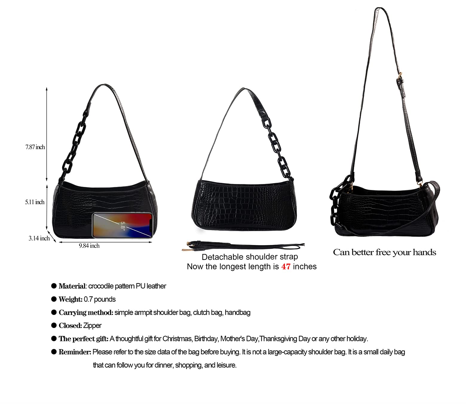 Scioltoo Clutch Purses Shoulder Bag for Women Trendy Super Cute Tote Shoulder Bags With zipper Closure Women's Classic Evening Bag Black + shoulder strap
