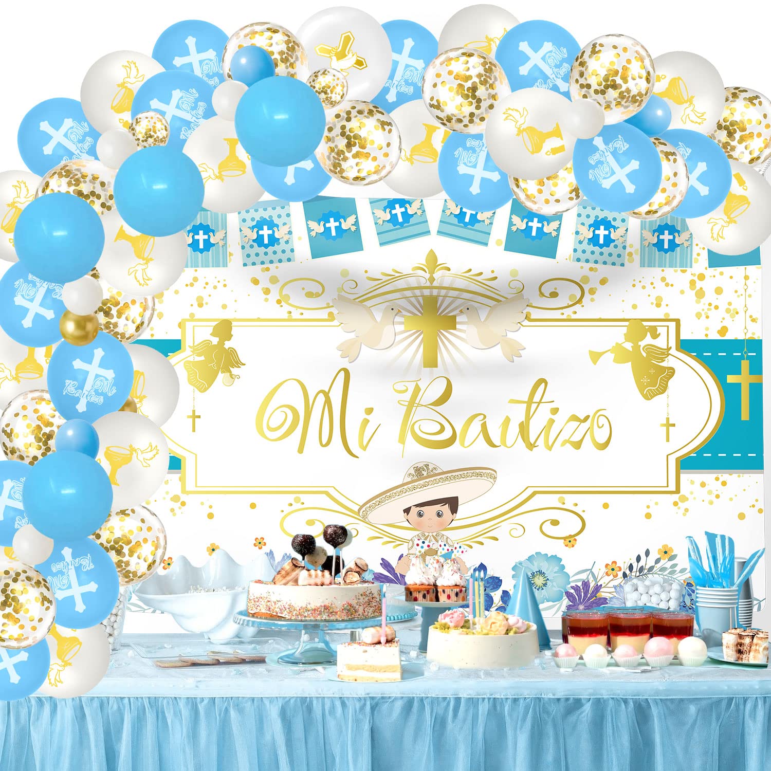Mi Bautizo Decorations - Mi Bautizo Decorations for Boys with Baptism Backdrop Mi Bautizo Balloon Garland Kit First Communion Holy Christening Decoration God Bless Baby Shower Party Supplies